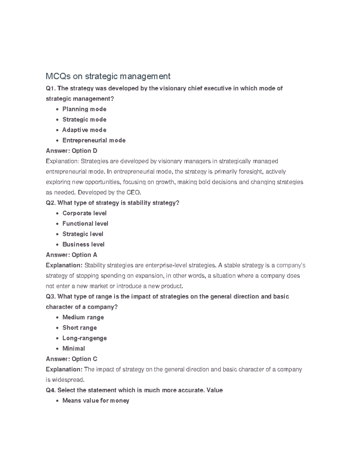 Strategic management mcqs - MCQs on strategic management Q1. The ...
