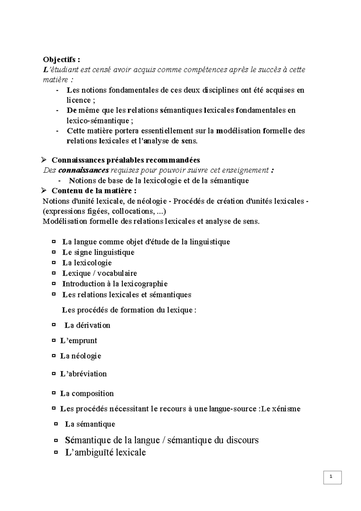 Programme M1 Lexico-sémantique S1+S2 - Objectifs : L’étudiant est censé ...