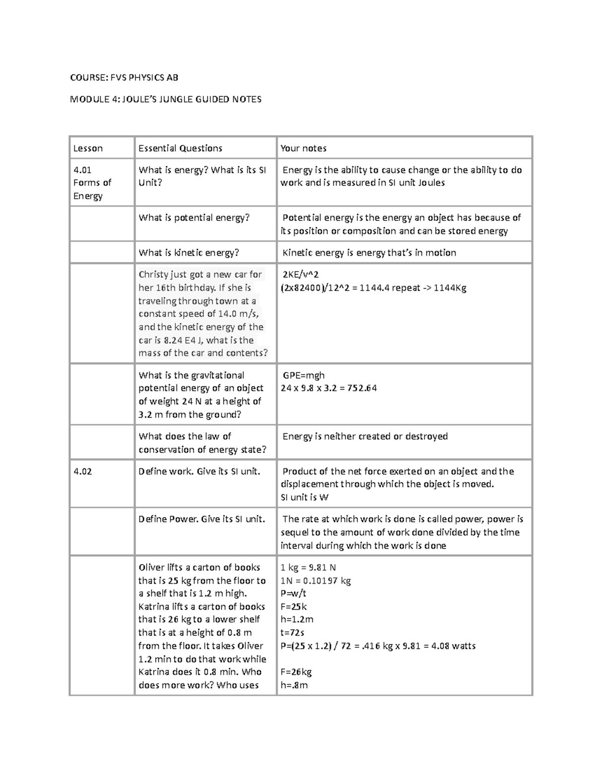 Guided Notes MOD 4-FVS Physics B - COURSE: FVS PHYSICS AB MODULE 4 ...