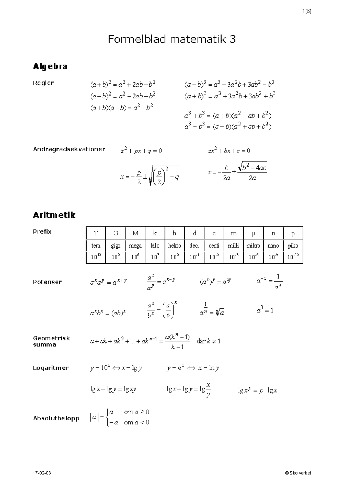 Formelblad matematik 3-2 - Formelblad matematik 3 Algebra Regler ( a b ...