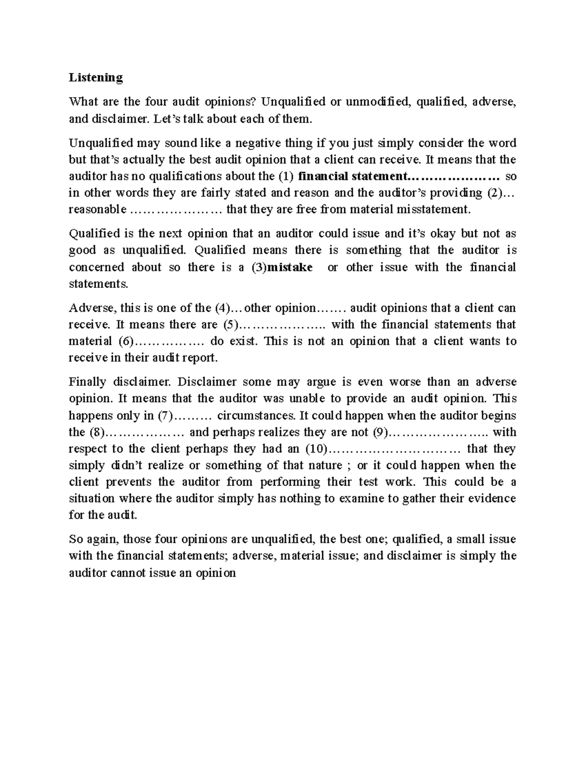 Listening - Types of report - Listening What are the four audit ...