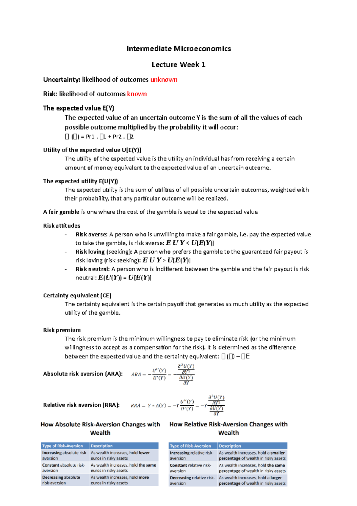 Lecture Week 1 - Aantekeningen micro economics college week 1 - Intermediate Microeconomics ...