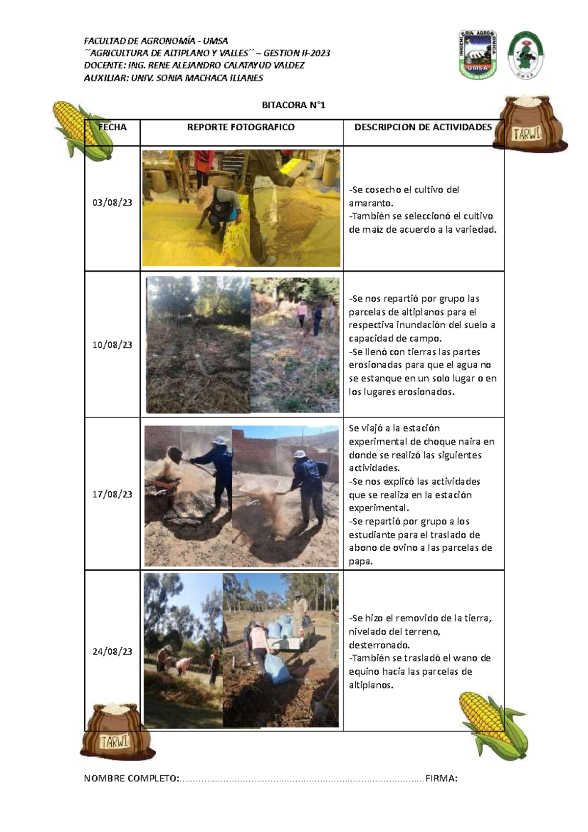 Bitacora - SEMBRADO Y CUIDADO DE PLANTAS - FECHA REPORTE FOTOGRAFICO ...