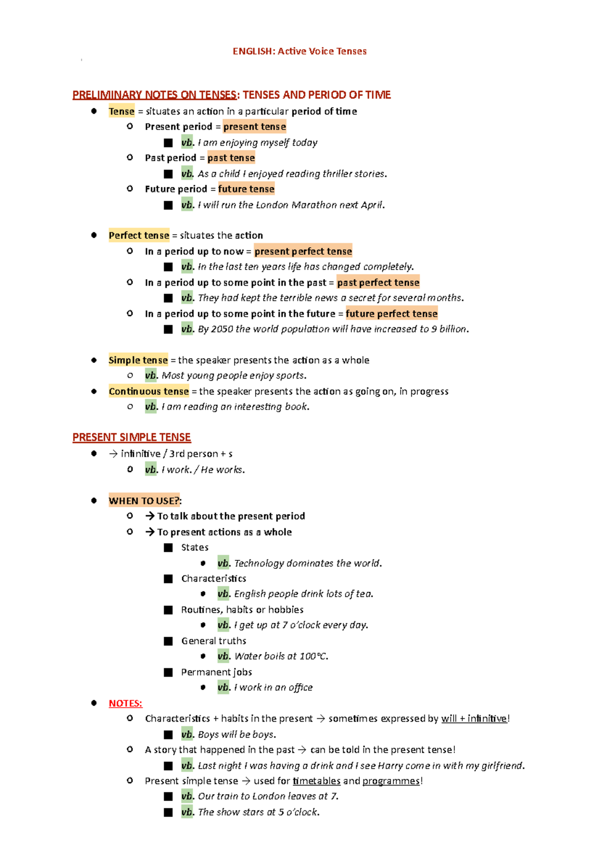 English Active voice tenses - ENGLISH: Active Voice Tenses PRELIMINARY ...