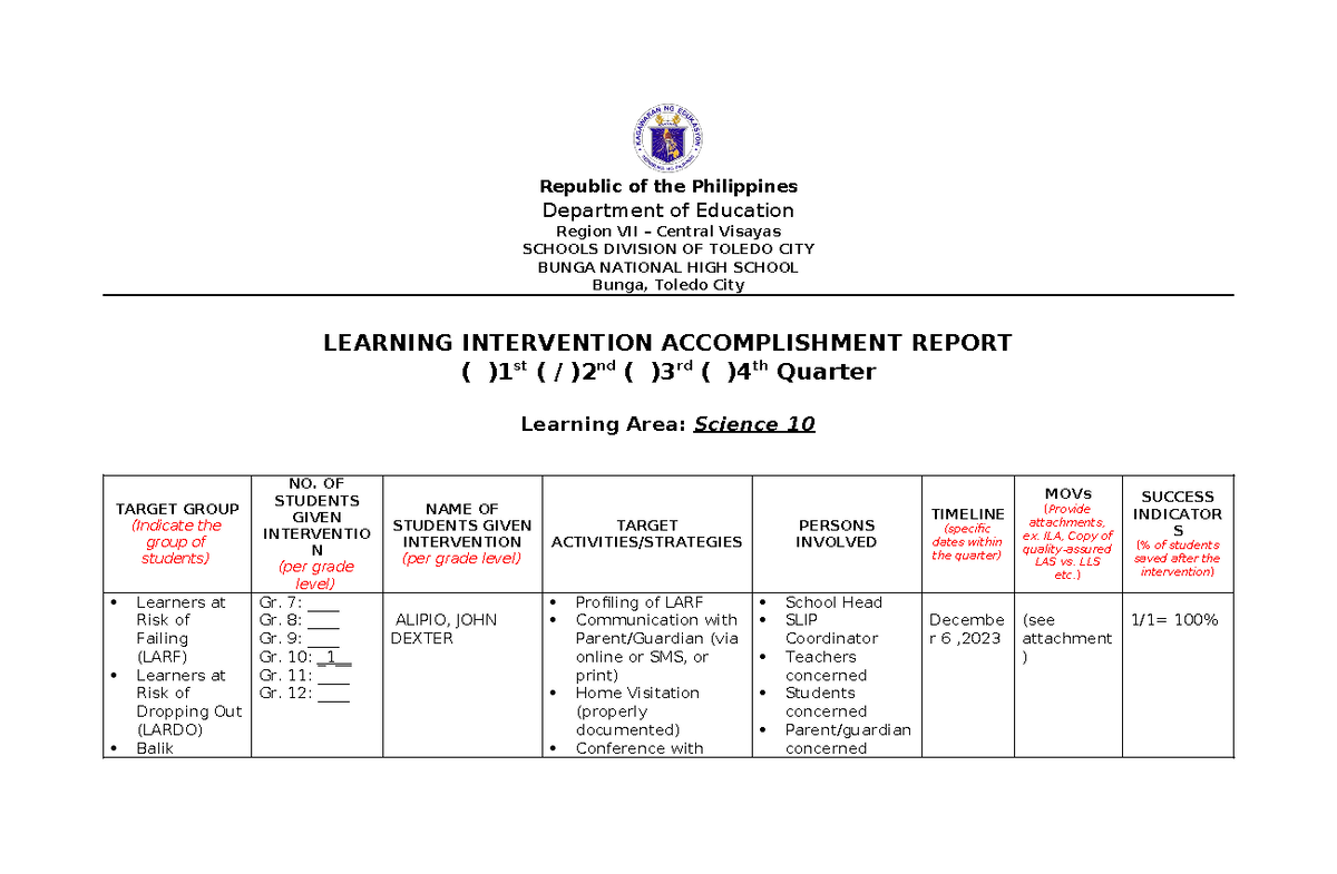 Richard G10 Learning- Intervention- Accomplishment- Report-per-Learning-Area - Republic of the ...
