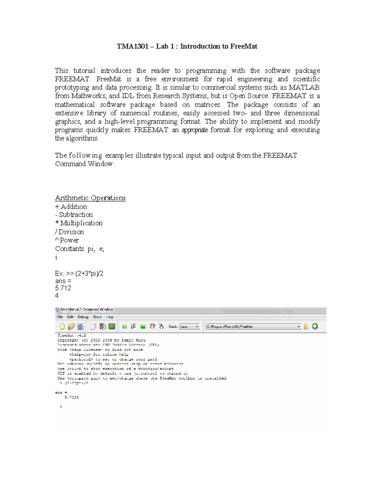 105971 Lab 01 T2 - Lab for freemat - TMA1301 – Lab 1 : Introduction to FreeMat This tutorial ...