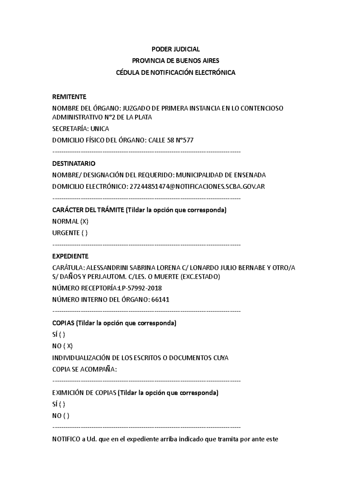 Cedula DE Notif - PODER JUDICIAL PROVINCIA DE BUENOS AIRES CÉDULA DE ...