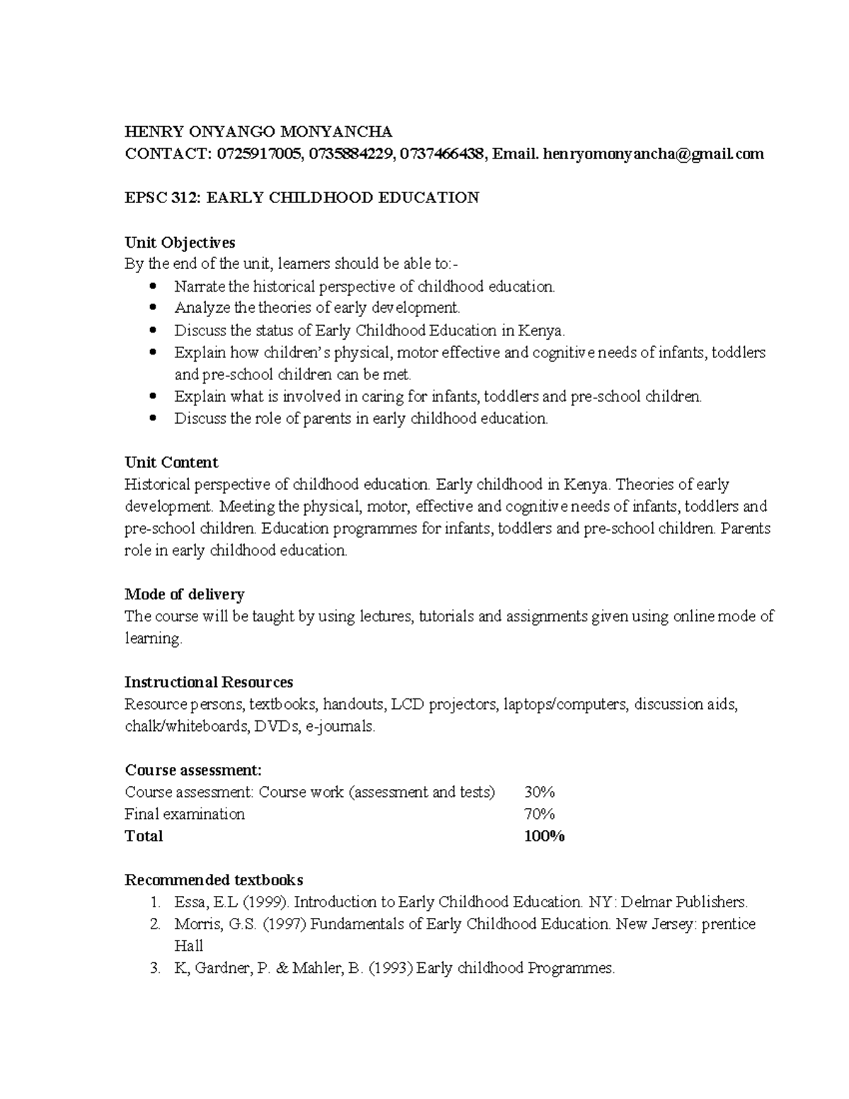 EPSC 312 Early Childhood Education - HENRY ONYANGO MONYANCHA CONTACT ...