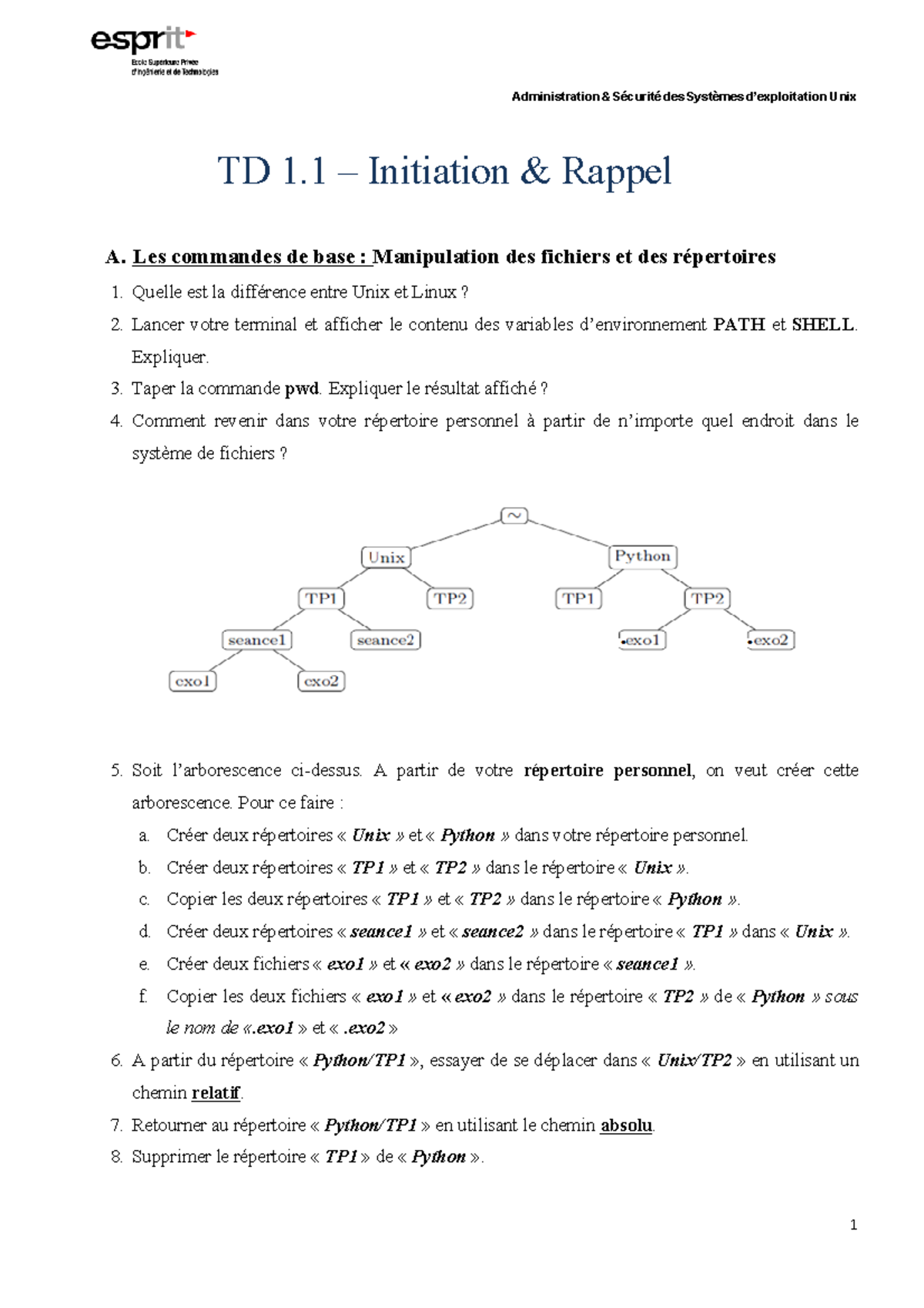 TD 1 - Administration & Sécurité des Systèmes d’exploitation Unix 1 TD 1 – Initiation & - Studocu