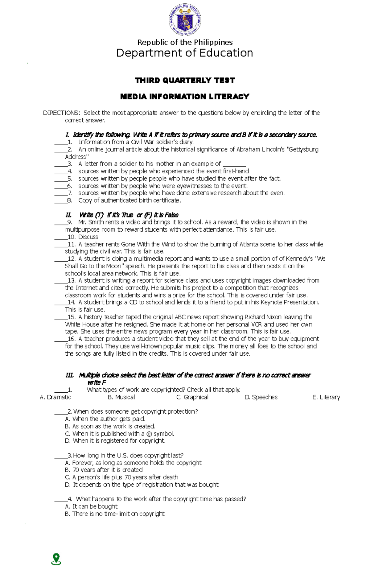 MIL TEST Q3 - free test - Department of Education THIRD QUARTERLY TEST ...