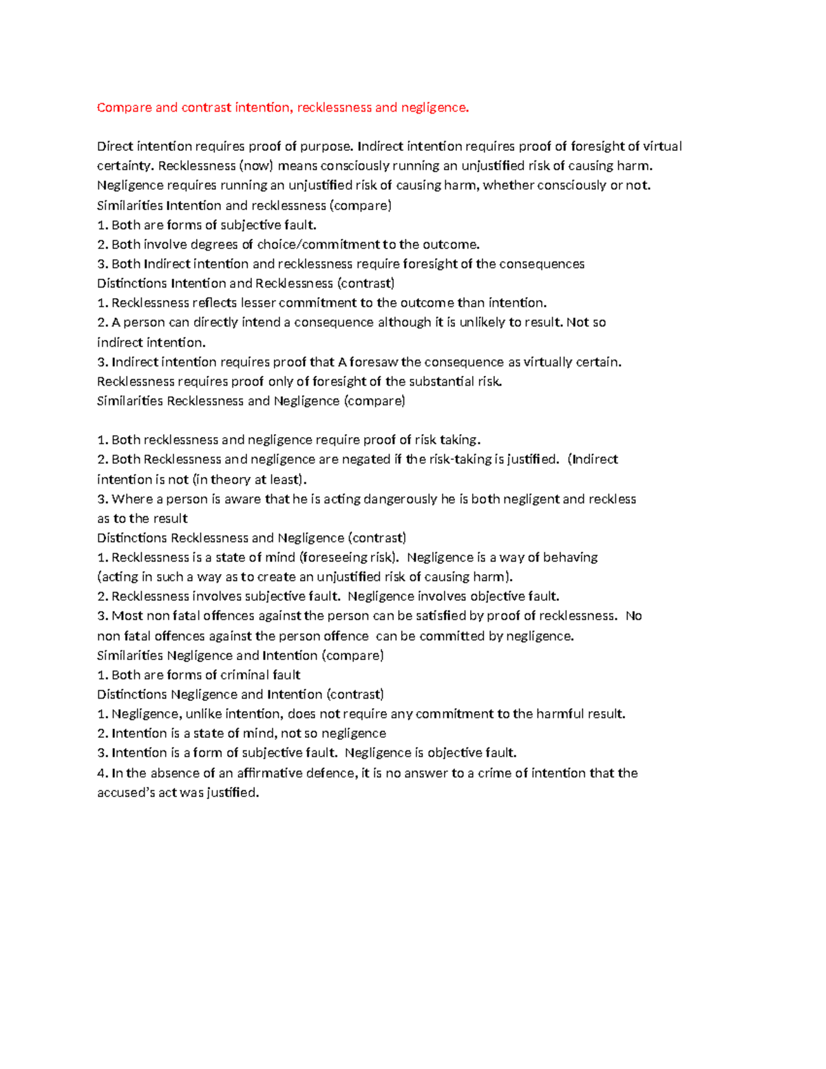 Compare and contrast intention - Direct intention requires proof of ...