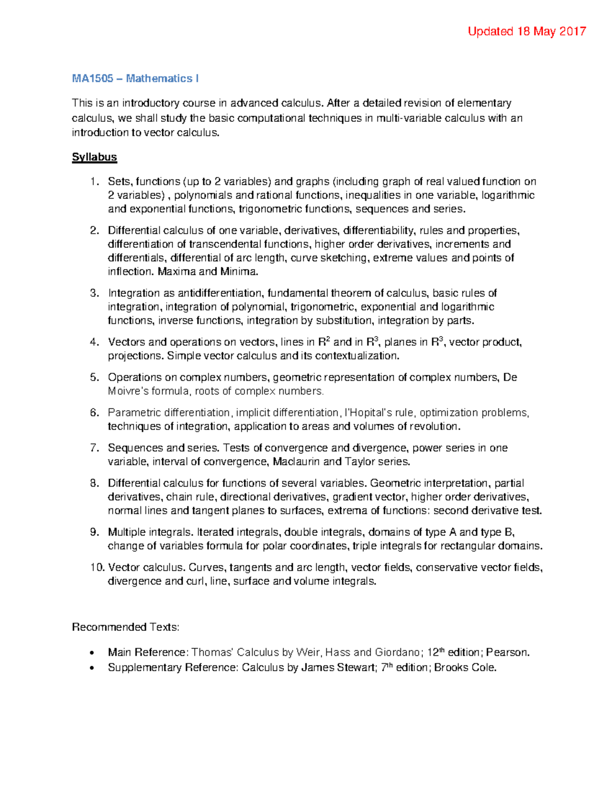 MA1505 Syllabus - MA1505 – Mathematics I This is an introductory course ...