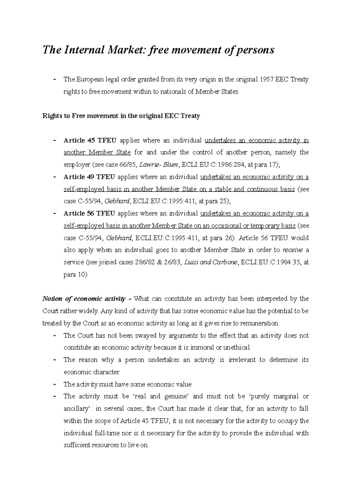 Free movement of persons notes - The Internal Market: free movement of ...