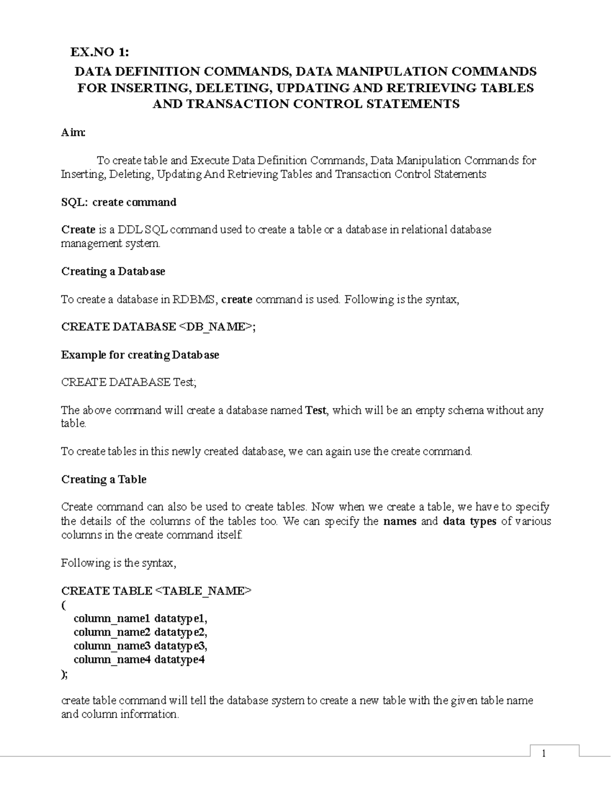 CS8481 - Database management systems lab manual - SEC - 1 EX 1: DATA DEFINITION COMMANDS, DATA ...