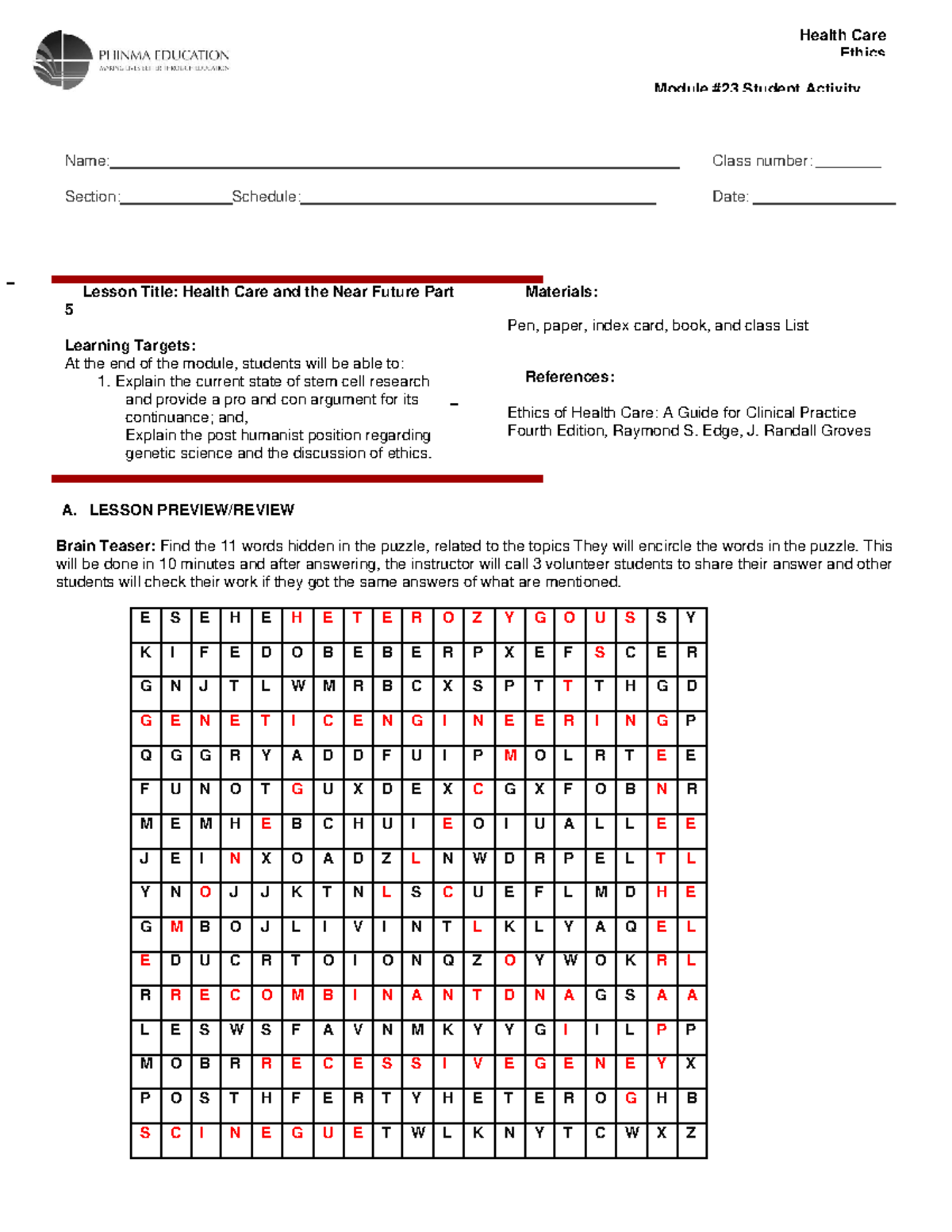 SAS23 Bioethics - Ethics (Bioethics) Module #23 Student Activity Sheet ...