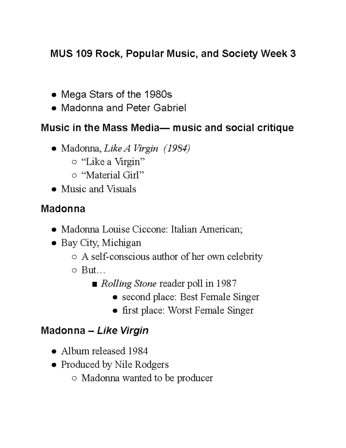 MUS 109 Week 3 Lecture Notes - MUS 109 Rock, Popular Music, and Society ...