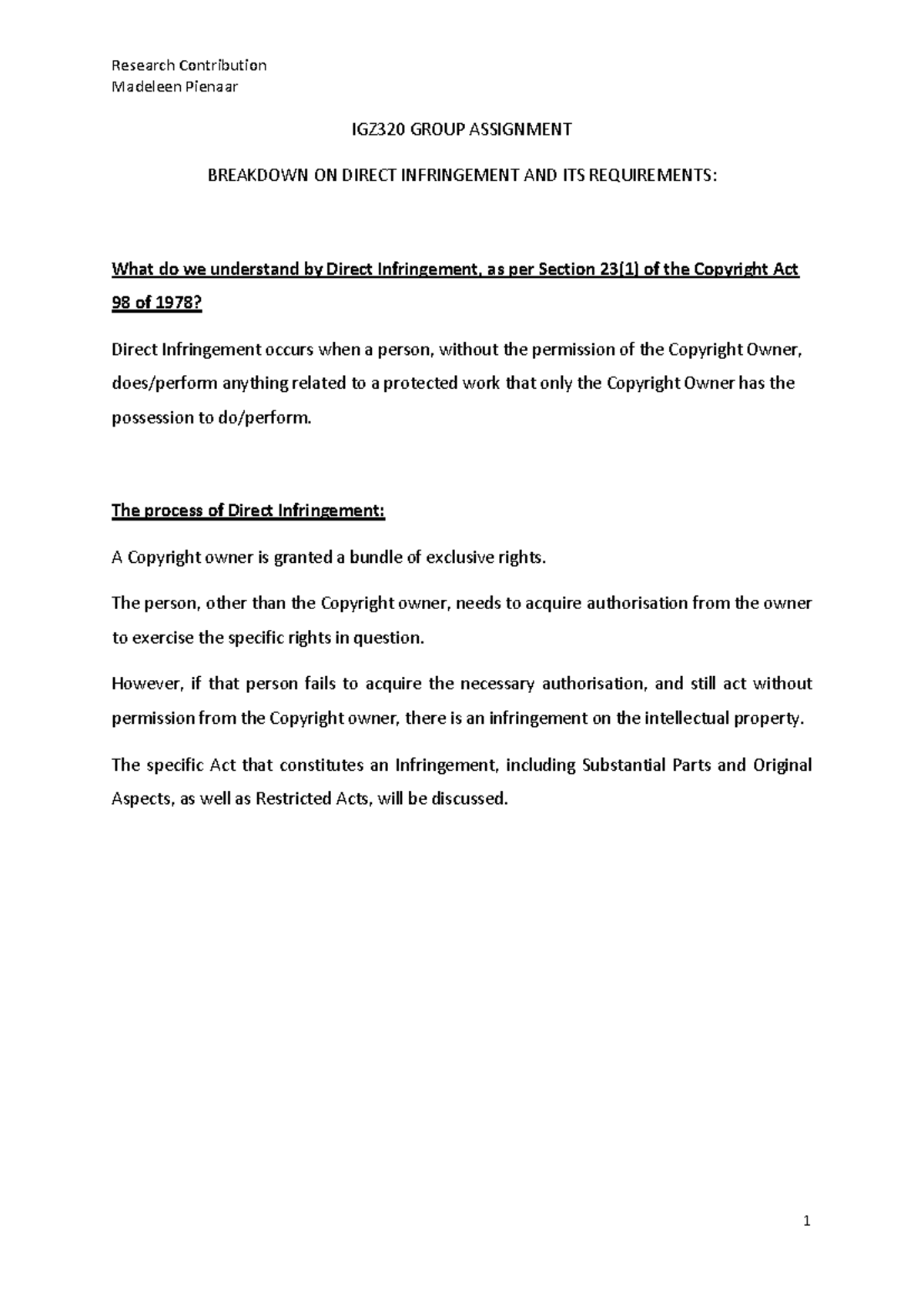 Direct Infringement- Research Breakdown- Madeleen Pienaar - Madeleen ...