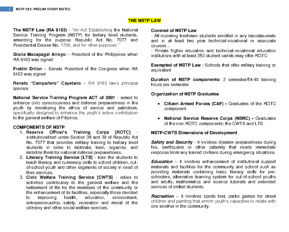 NSTP 101 Prelim Study Notes - THE NSTP LAW The NSTP Law (RA 9163) - “An ...