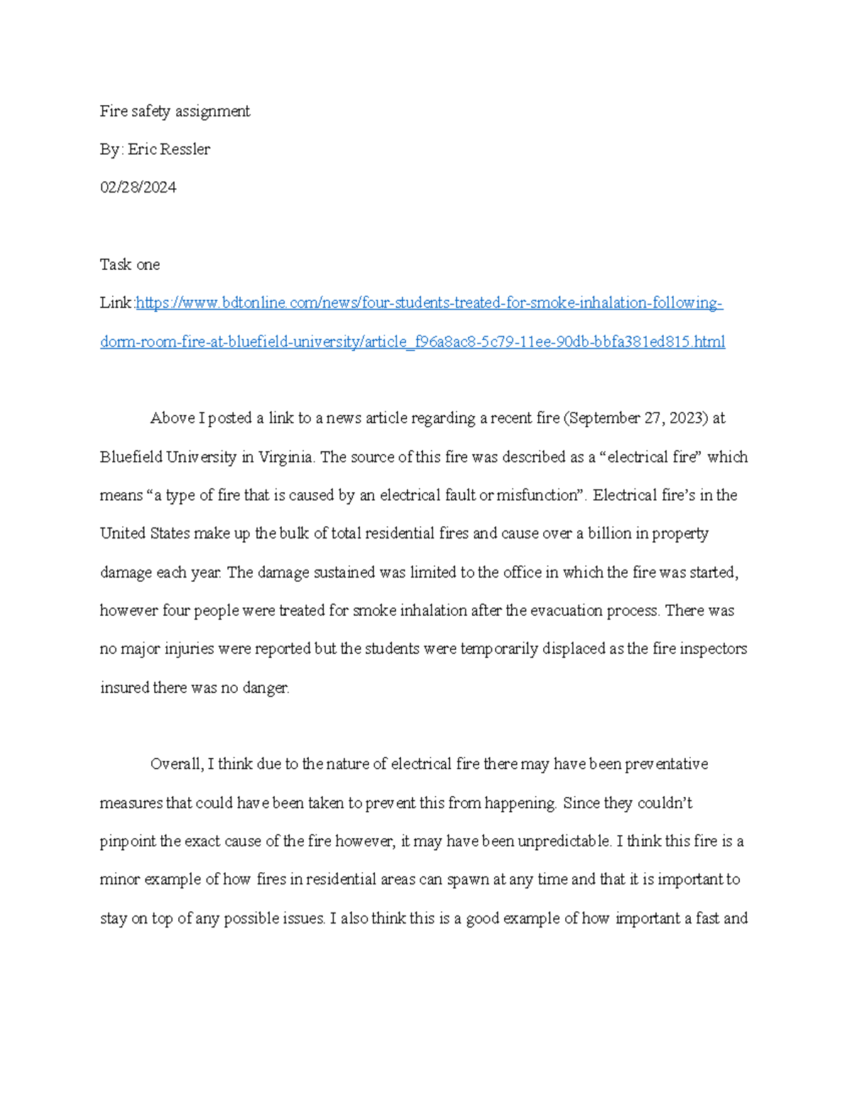 Fire safety assignment - The source of this fire was described as a ...