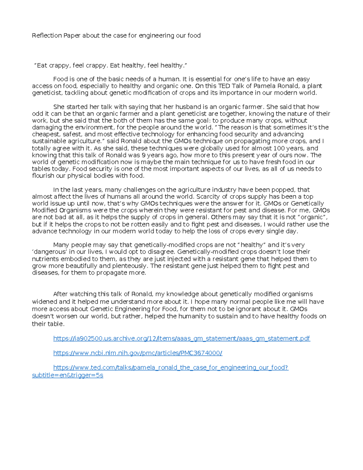 Reflection Paper#1 science techno - Reflection Paper about the case for ...