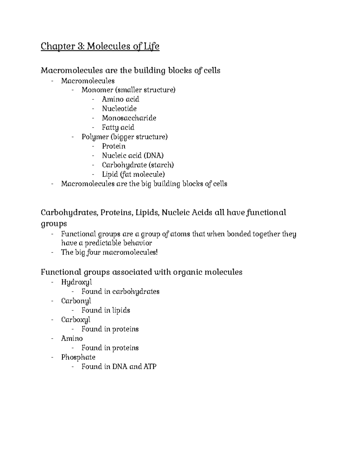 Principles of Biology lecture 3 (Molecules of Life) - Chapter 3 ...