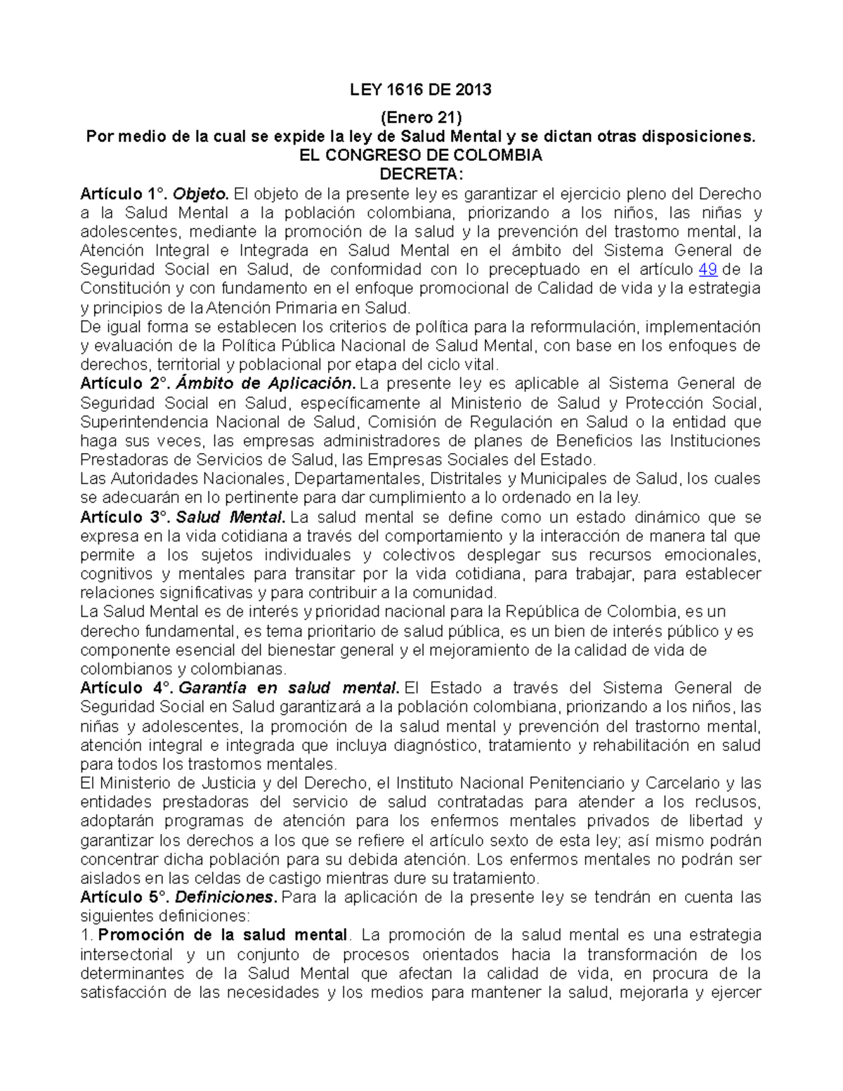 Ley 1616 2013 - Esquema de la ley 1616 - LEY 1616 DE 2013 (Enero 21 ...