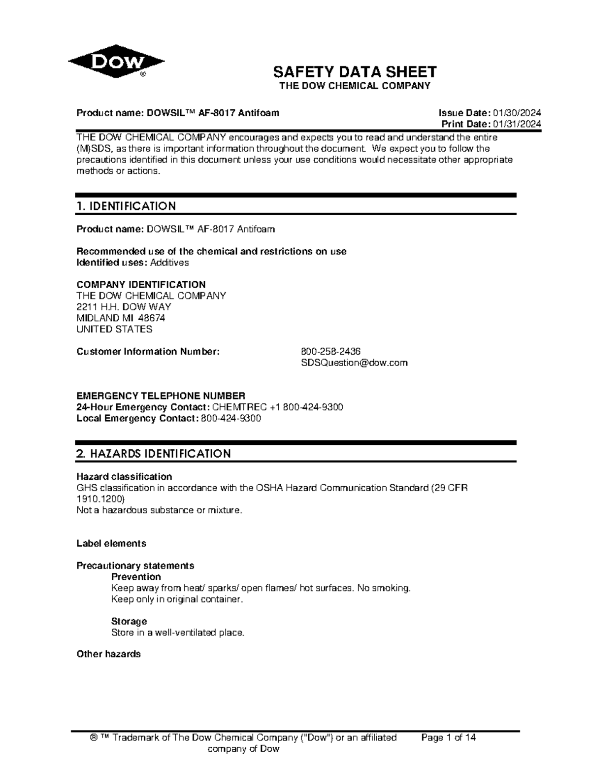 Dowsil AF-8017 Antifoam-Hoja de Datos de Seguridad-EN - ® ™ Trademark ...