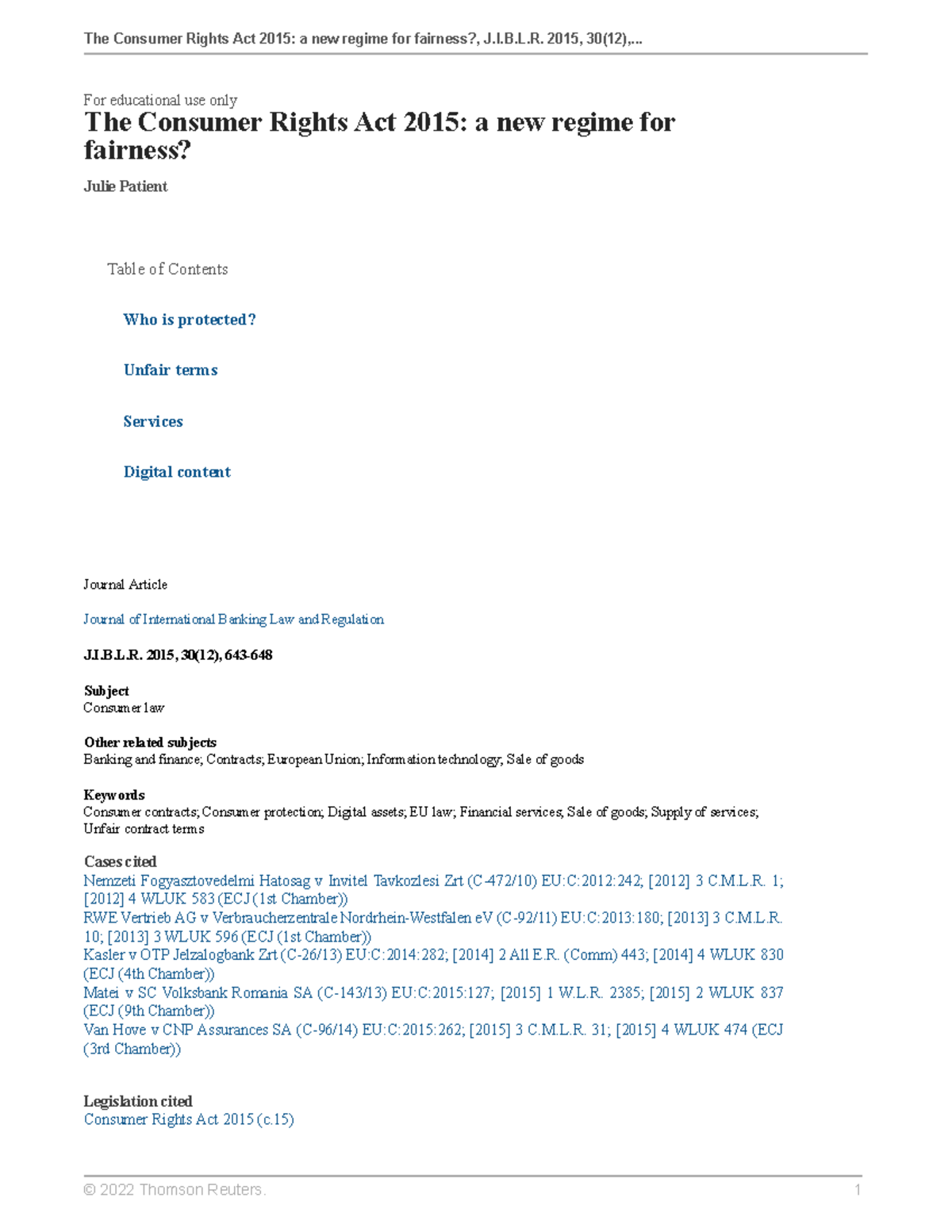 Patient, 'The Consumer Rights Act 2015- a new regime for fairness ...