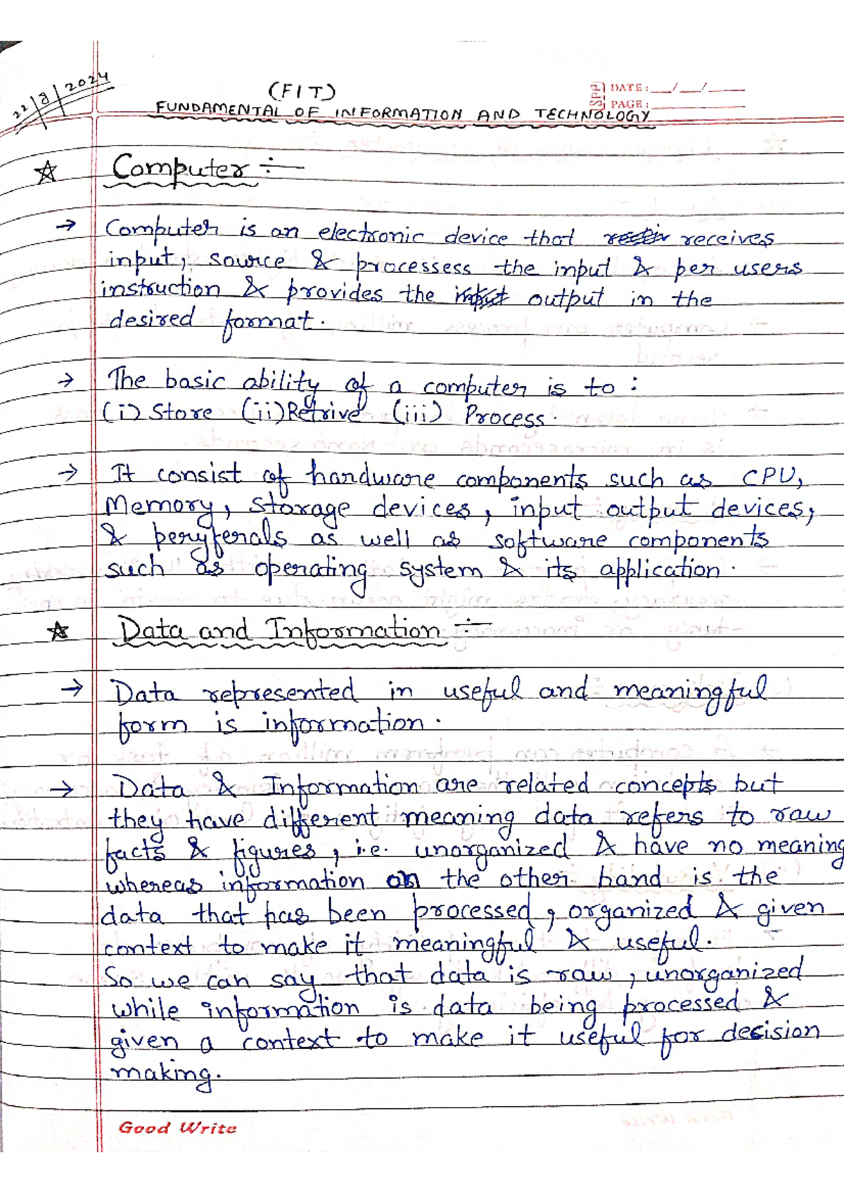 Fit Unit 1 Notes Fit Date Fundamental Of Information And