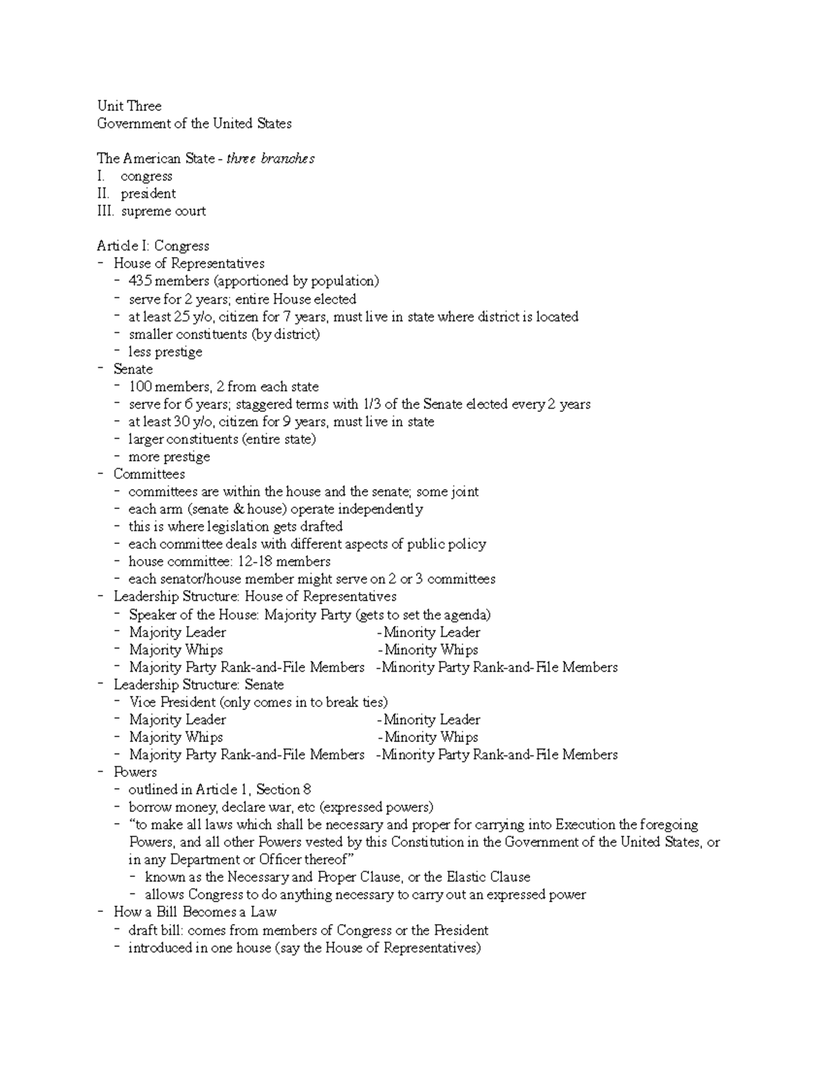 Unit 3 US Gov't Notes - Dr. Kirshner - Unit Three Government of the ...