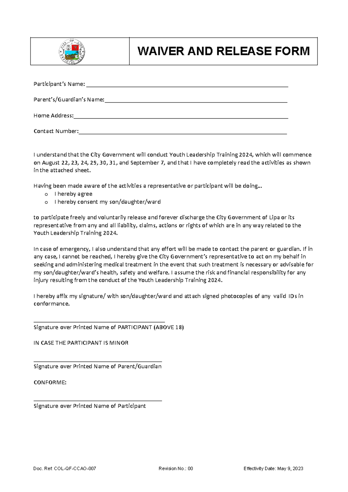 ISO YLT Form7 Waiver and Release - Doc. Ref: COL-QF-CCAO-00 7 Revision ...