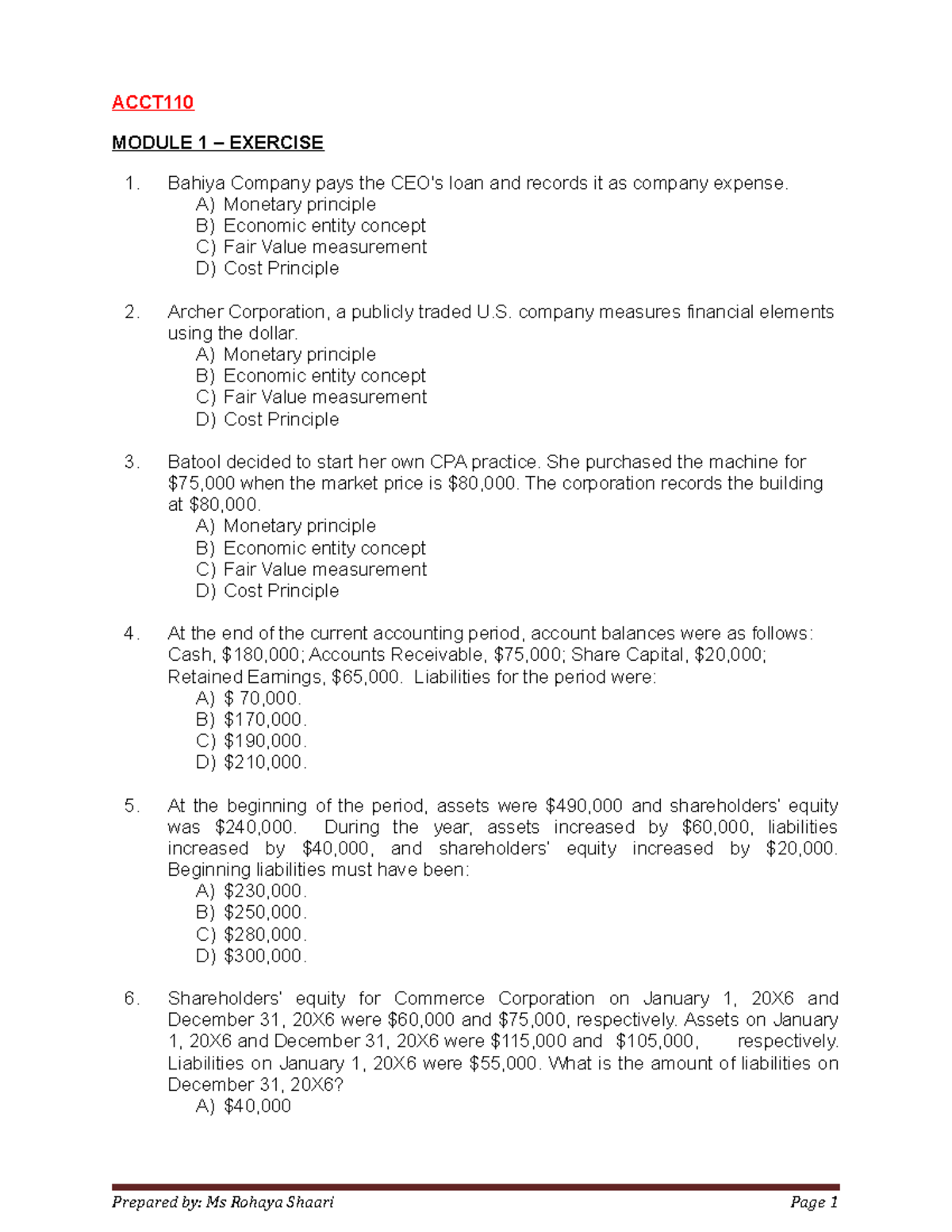 ACCT110 - Module1 Exercises and practice. - ACCT MODULE 1 – EXERCISE ...