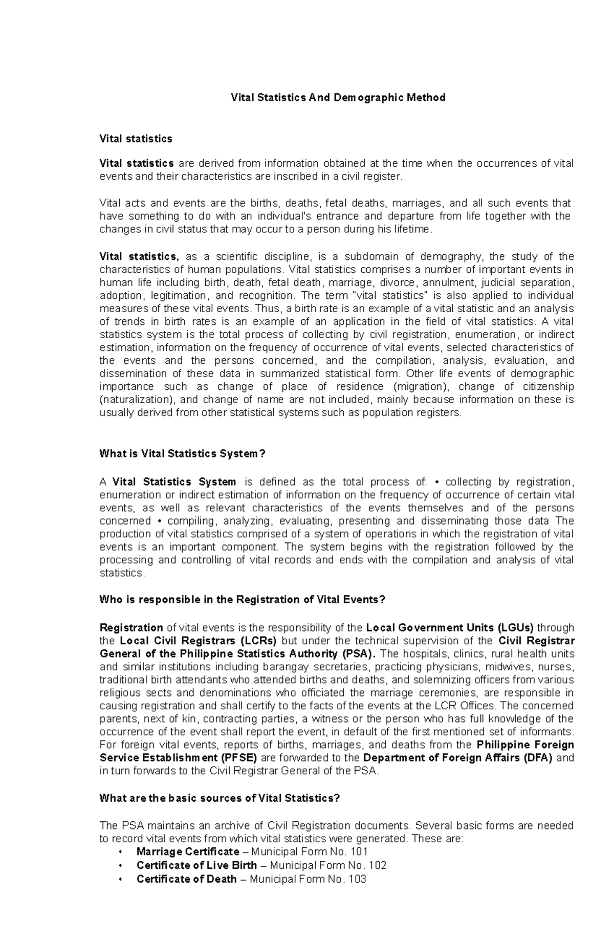 Vital Statistics And Demographic Method - Vital acts and events are the ...