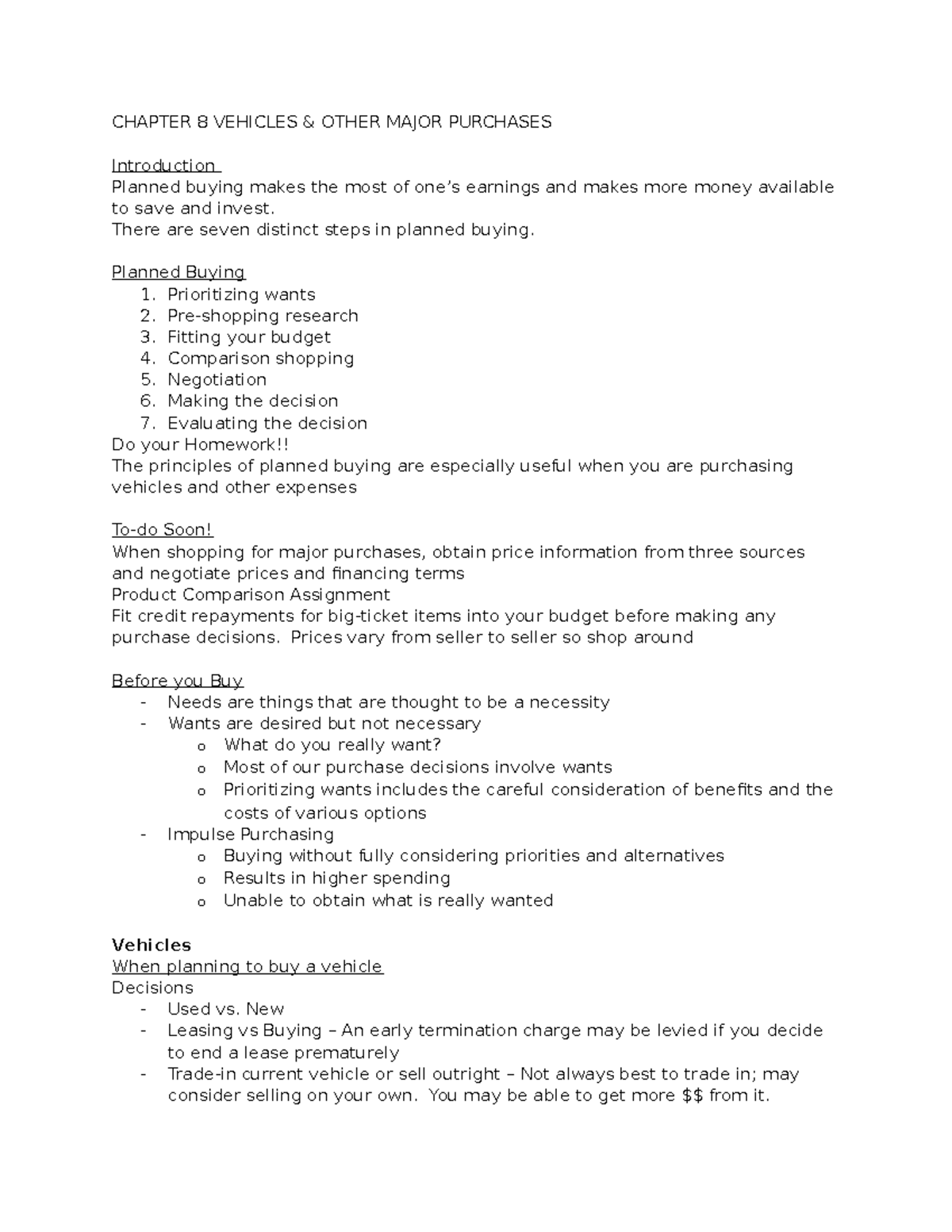 Chapter 8 Vehicles - CHAPTER 8 VEHICLES & OTHER MAJOR PURCHASES ...