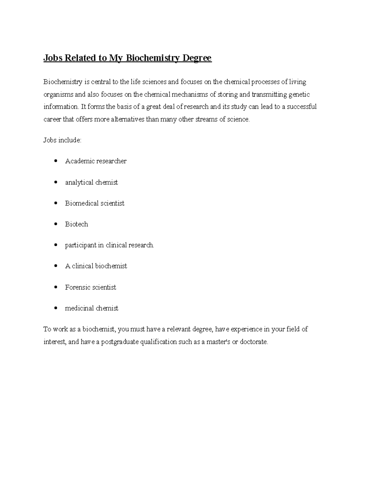 Biochemistry Degree Entry Requirements