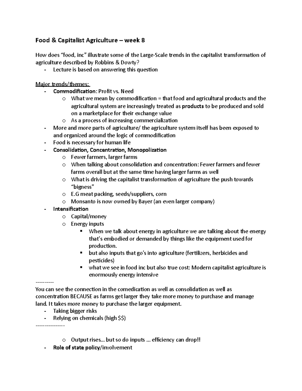 Exam 4 notes - Food & Capitalist Agriculture – week 8 How does “food ...