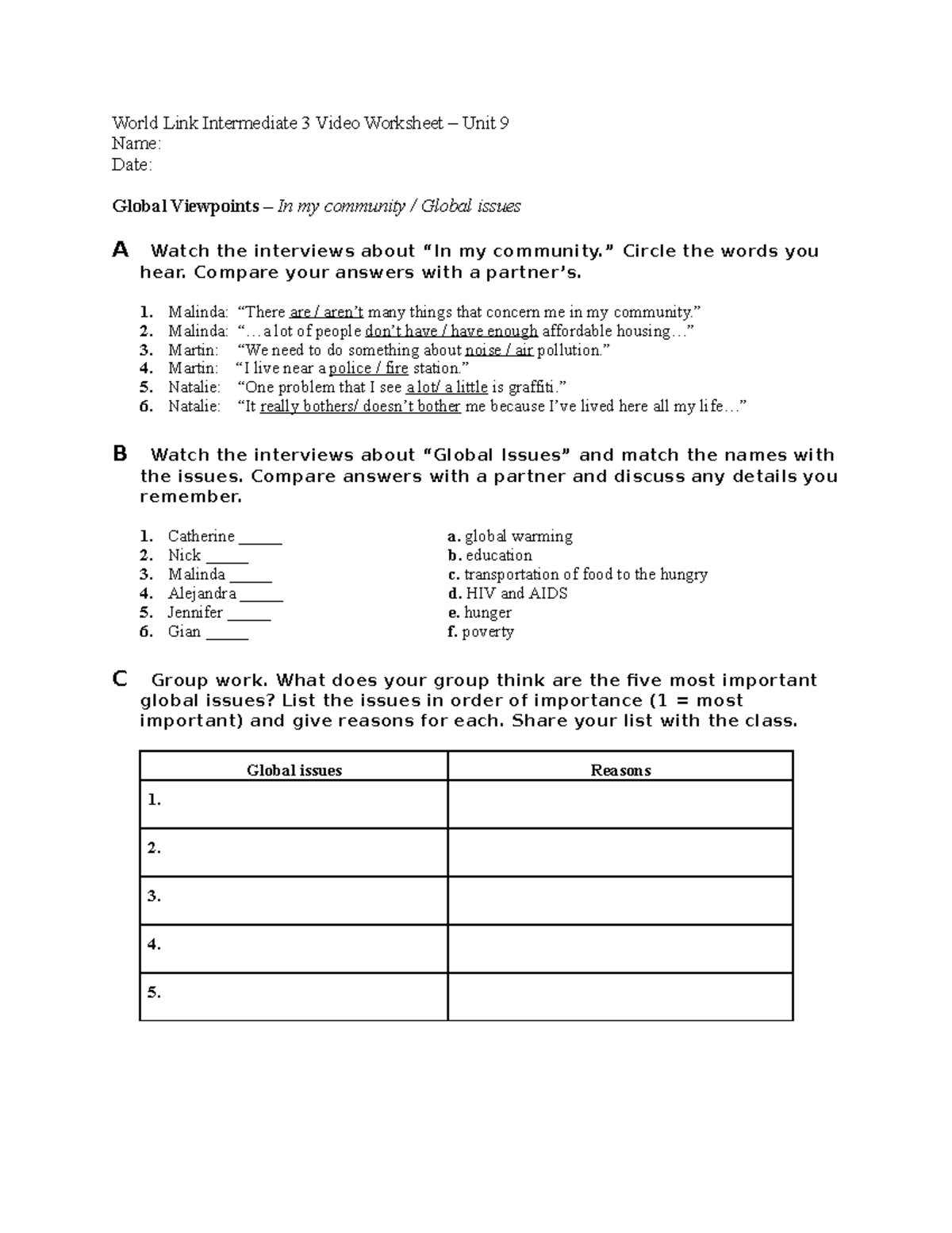 Wl3e Icpna intermediate 03 u09 gv video worksheet - World Link ...