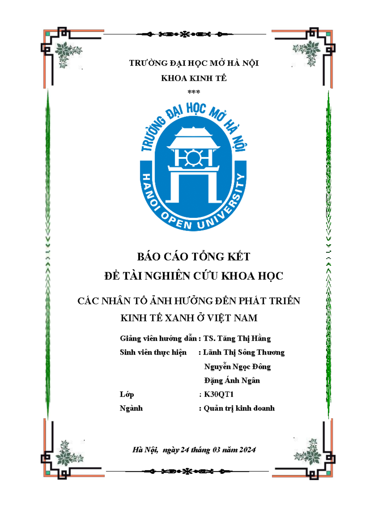 NKCH-CÁC NHÂN TỐ ẢNH HƯỞNG ĐẾN PHÁT TRIỂN KINH TẾ XANH Ở VIỆT NAM ...