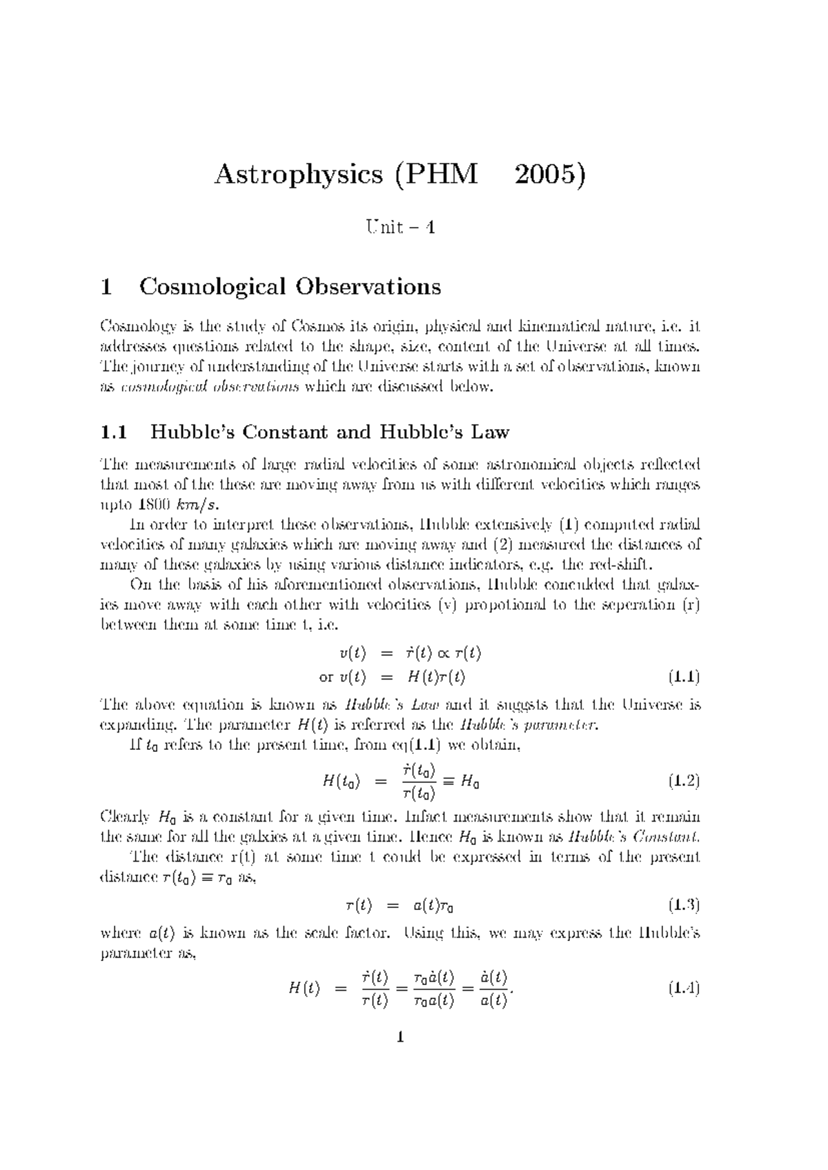Astrophysics Unit 4 - Class notes - Astrophysics (PHM 2005) Unit 4 1 ...
