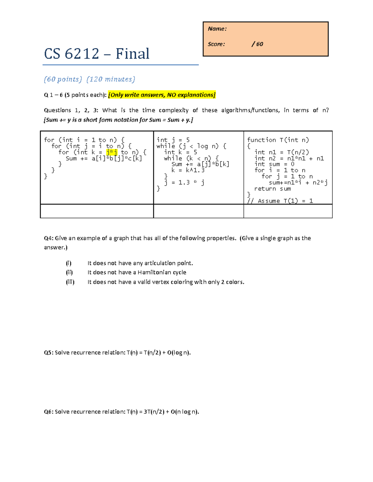 FE 2016 01 - CS 6212 – Final ( 6 0 points) ( 12 0 minutes) Q 1 – 6 ( 5 ...