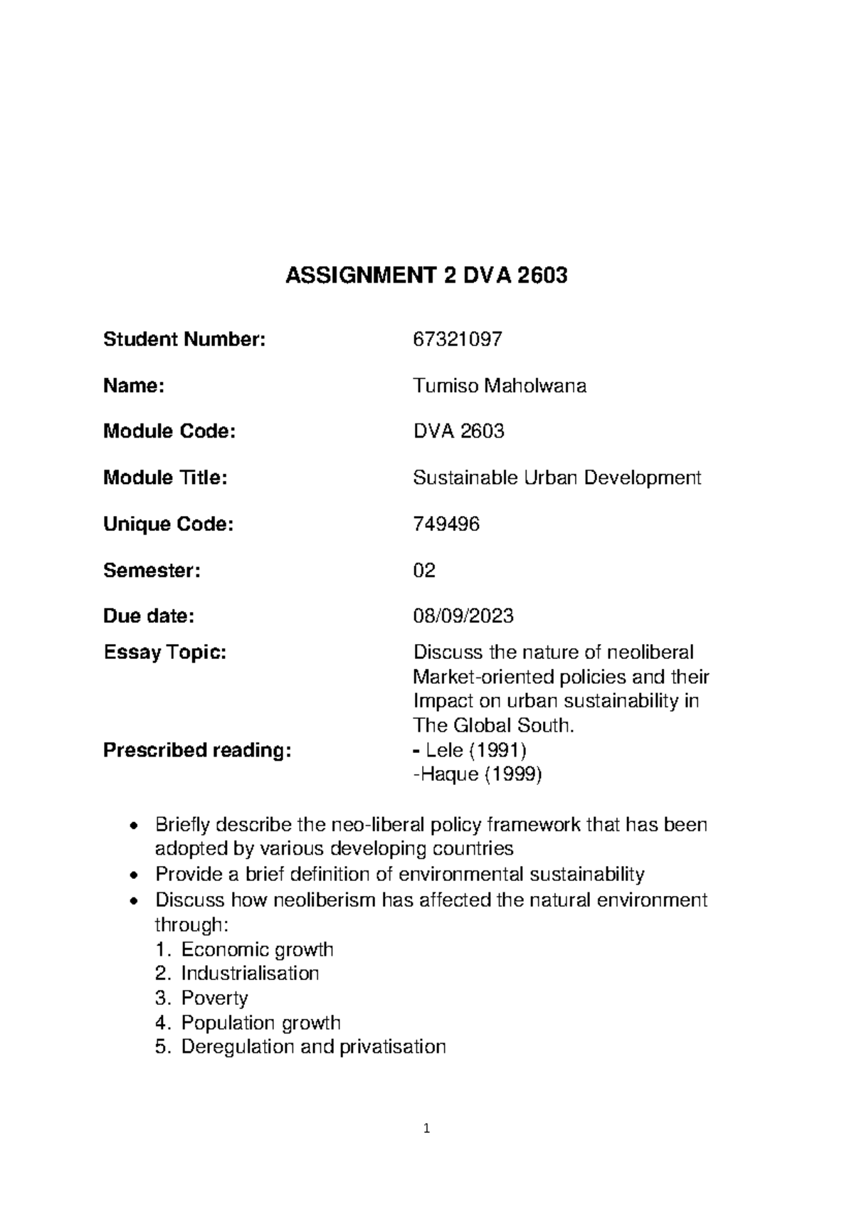 Assignment 2 DVA2603 - ASSIGNMENT 2 DVA 2603 Student Number: 67321097 Name: Tumiso Maholwana ...