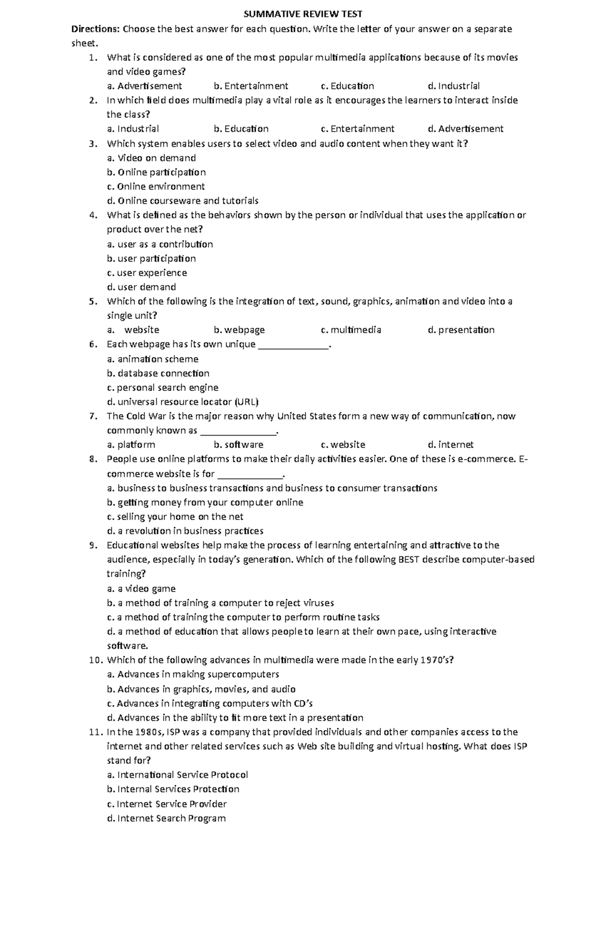 Summative-review-test - SUMMATIVE REVIEW TEST Directions: Choose the ...