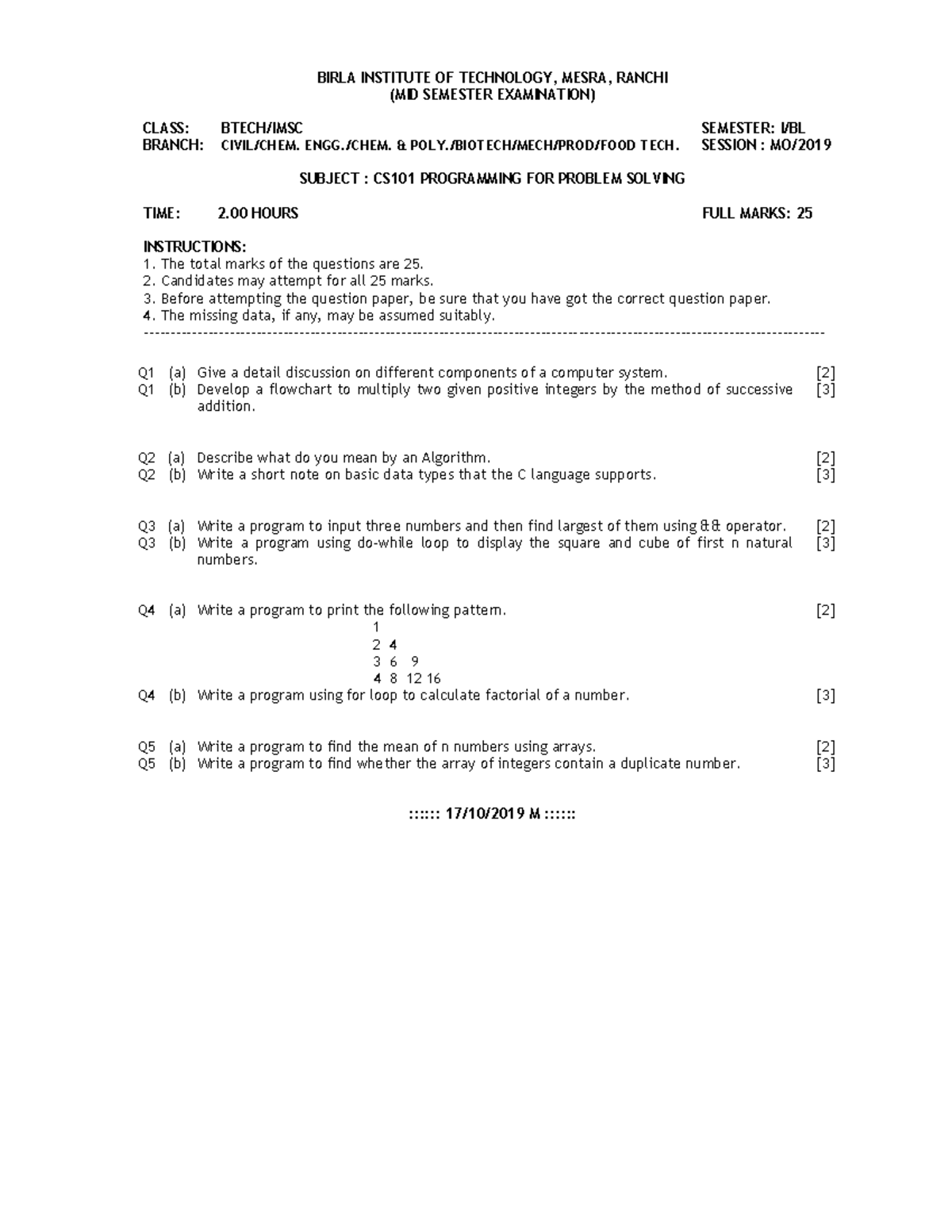 CS101 Programming FOR Problem Solving (MID MO19) - BIRLA INSTITUTE OF TECHNOLOGY, MESRA, RANCHI ...