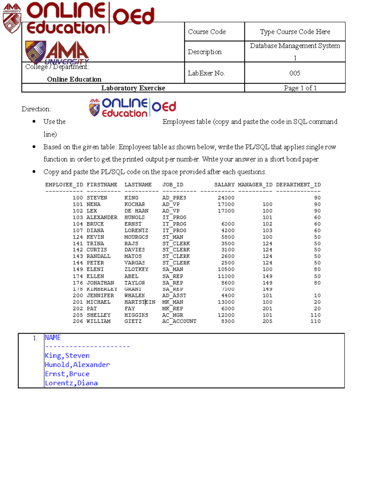 Laboratory Exercise 005 - Course Code Type Course Code Here Description ...