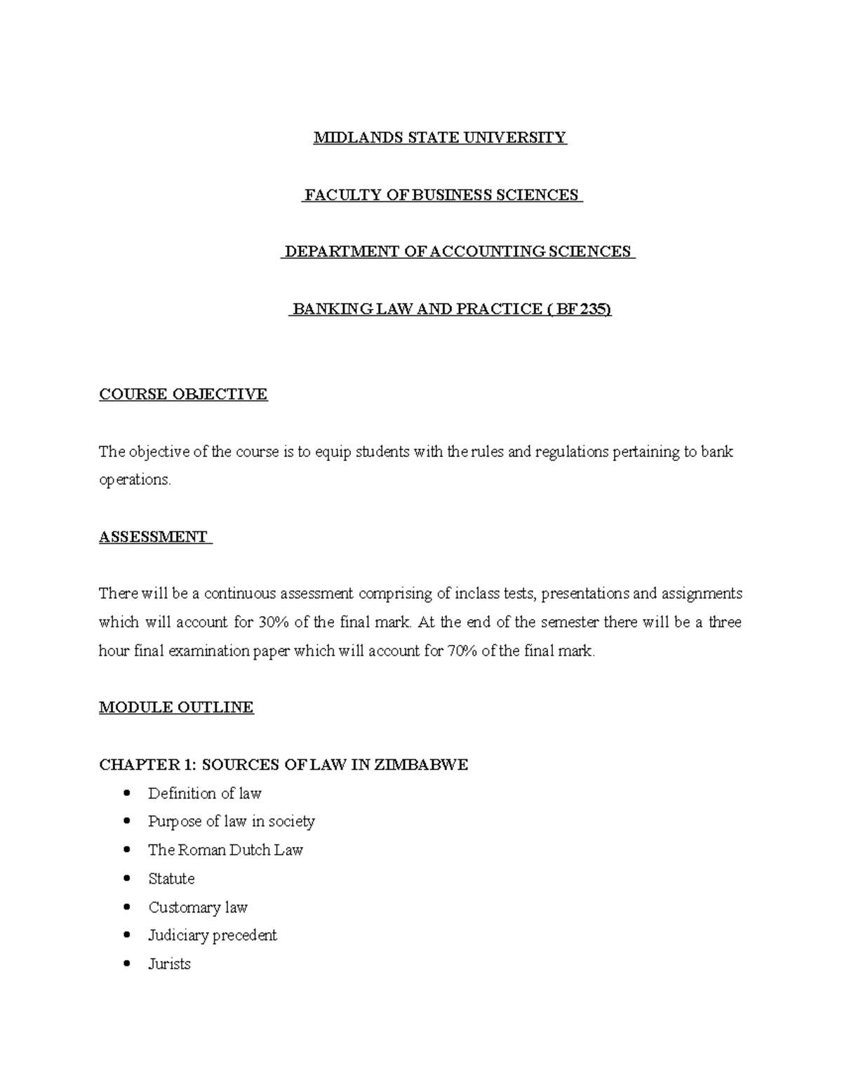 Bf 205 course outline final - MIDLANDS STATE UNIVERSITY FACULTY OF ...