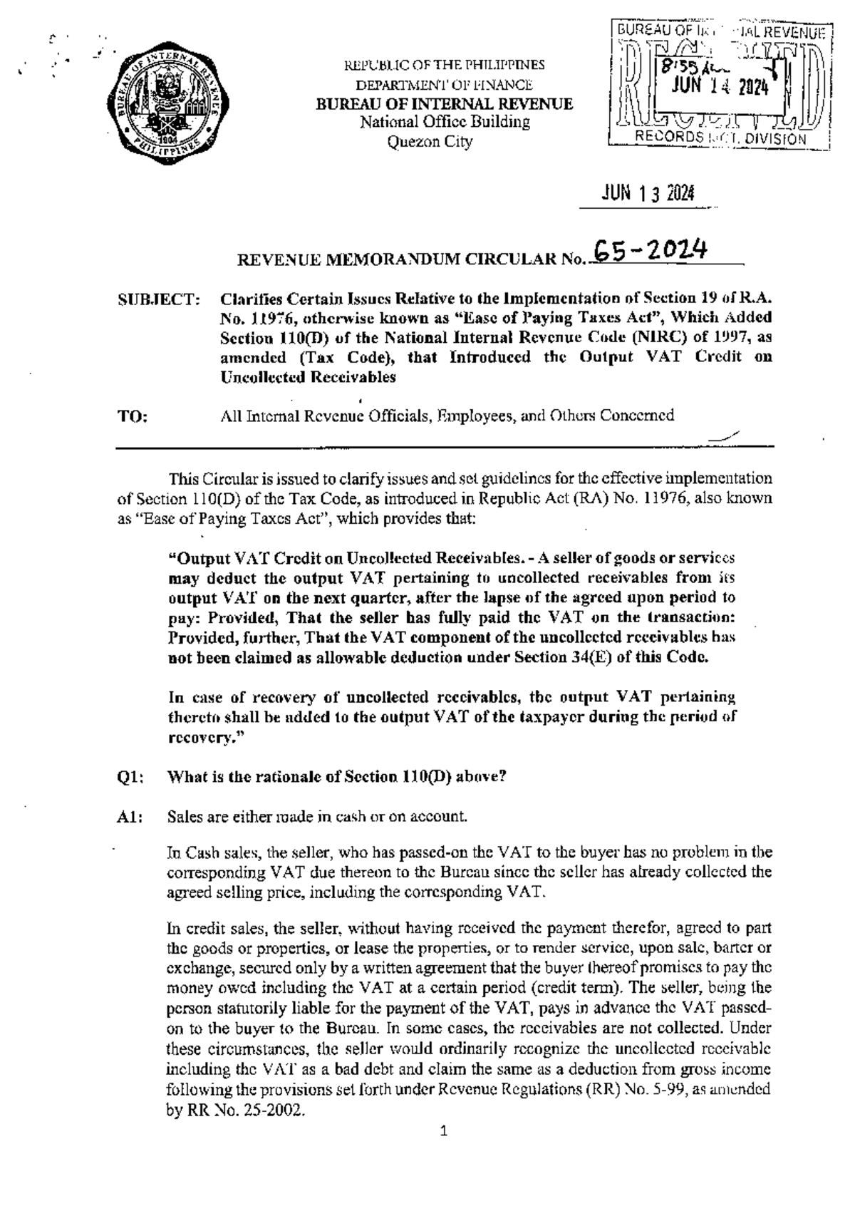 RMC No. 65-2024 - RMC 65-2024 - BUREAU OF REVENUE INTERNAL TIN OF ...