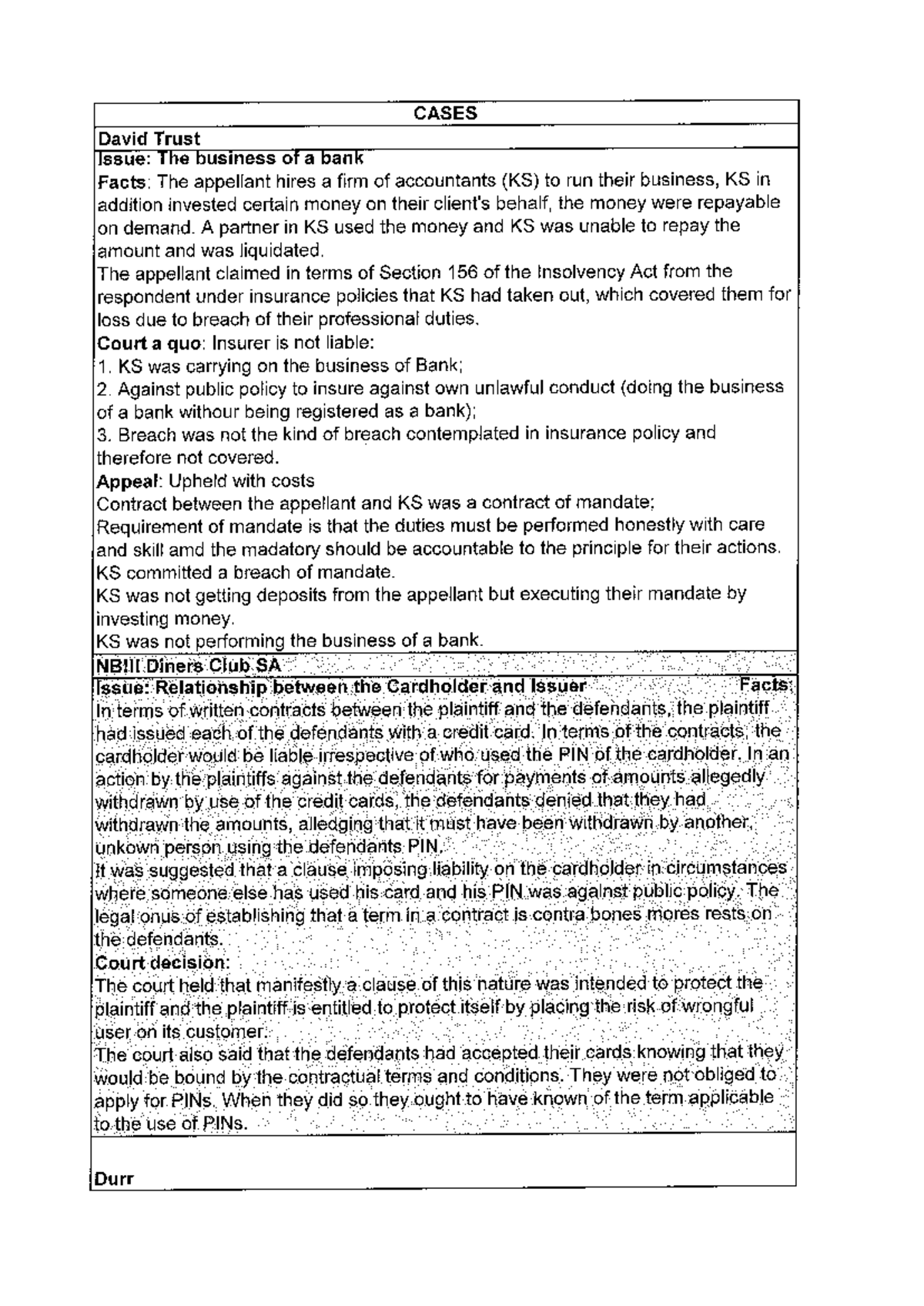 Banking CASE Summaries - CASES David Trust Issue: The business of a ...