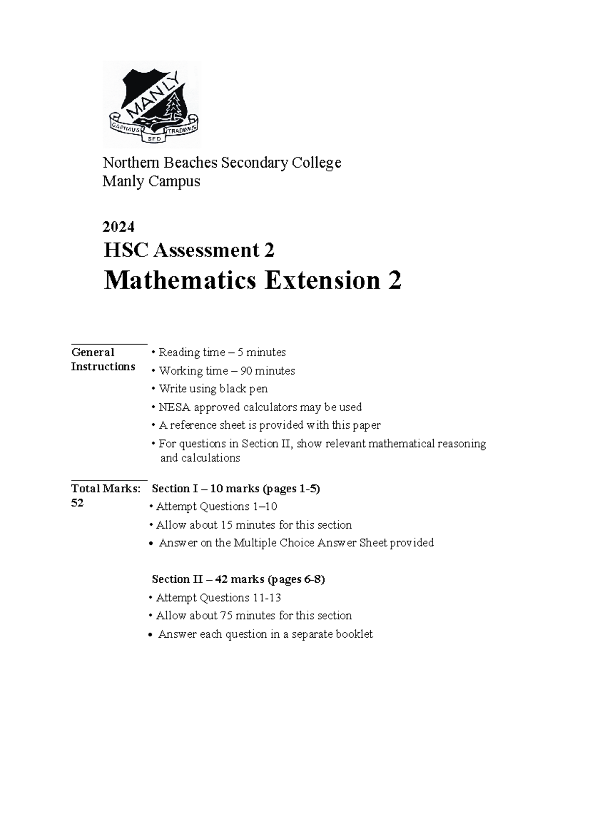 2024 Maths Extension 2 Half Yearly + solutions - Northern Beaches ...