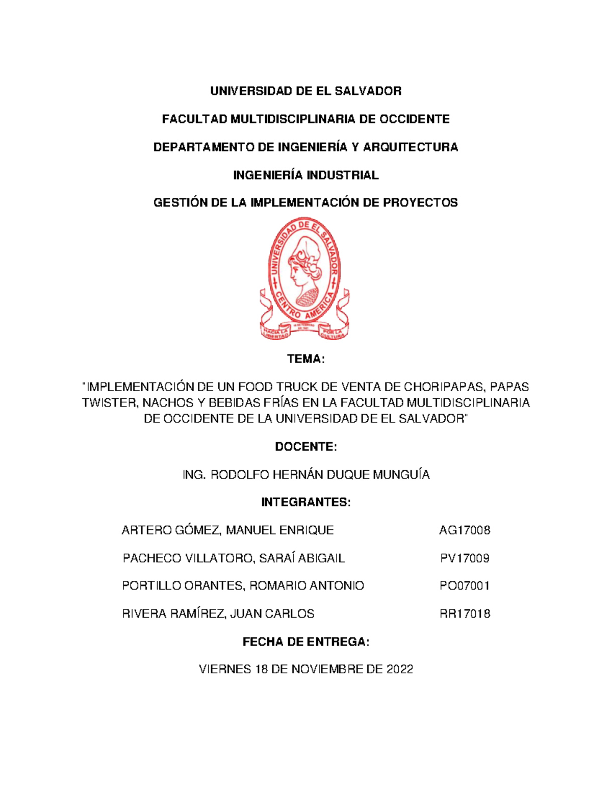 Plan de gestion de proyecto- La papasita - UNIVERSIDAD DE EL SALVADOR ...