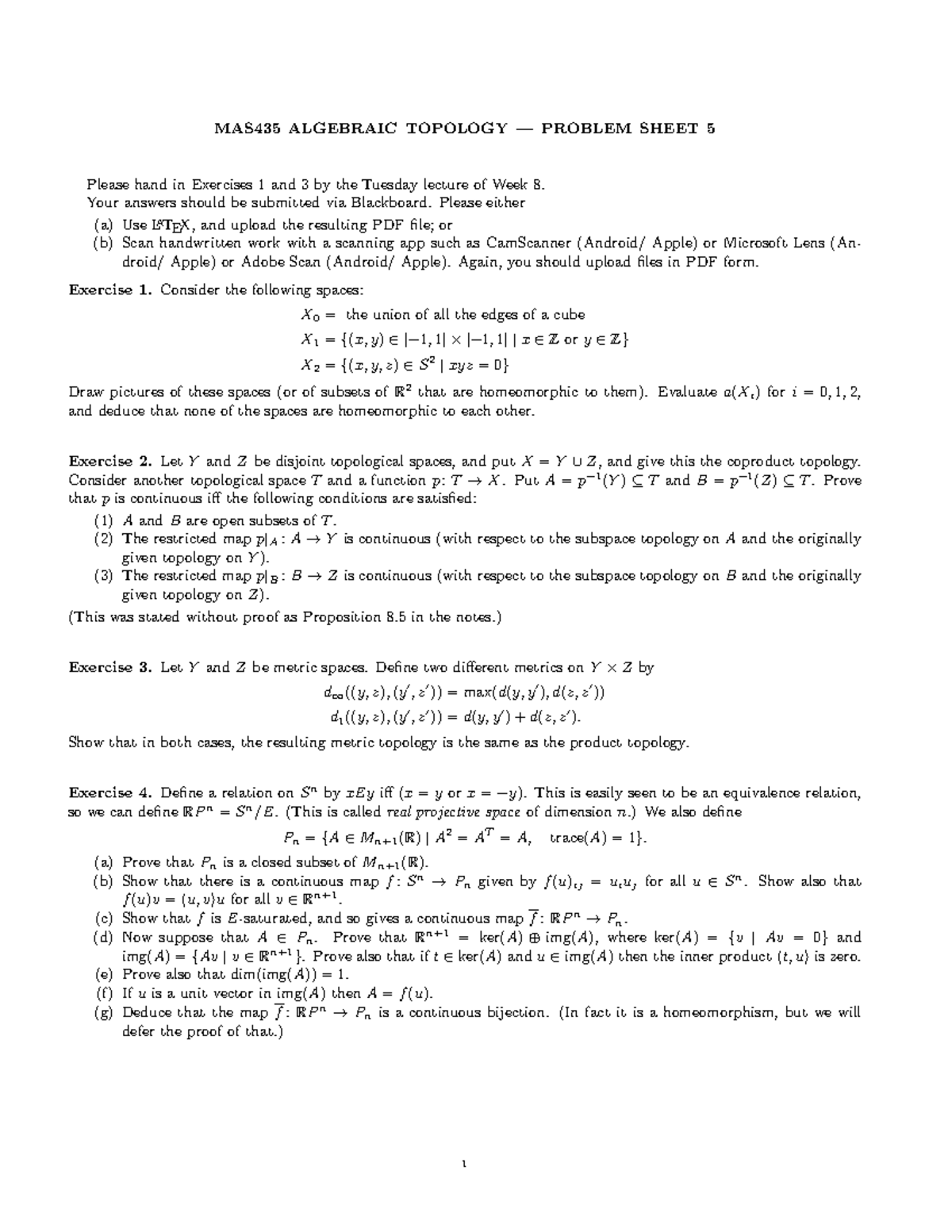 MAS435 Algebraic Topology Problem Sheet 5 - MAS435 ALGEBRAIC TOPOLOGY — PROBLEM SHEET 5 Please ...